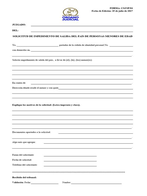 Forma Csj Sp 04 Solicitud De Impedimento De Salida Del País Pdf