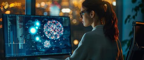 Creative Woman Coding In Stylish Loft Apartment At Night Overlooking Cityscape Premium Ai