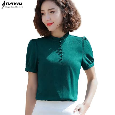Elegant Women Short Sleeve Chiffon Shirt Summer New High Quality Stand