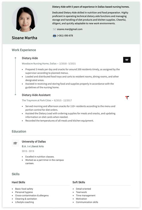 Dietary Aide Resume Samples Objective Summary Skills Cakeresume