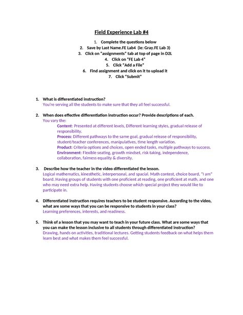 Fe Lab 4 Assignment Field Experience Lab Complete The Questions Below