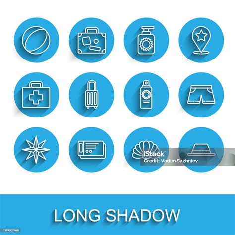 세트 라인 바람 장미 여행 티켓 비치 볼 가리비 바다 껍질 리본 남자 모자 가방 수영 트렁크와 선스크린 스프레이 병 아이콘 벡터 가방에 대한 스톡 벡터 아트 및 기타 이미지