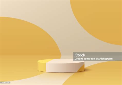 3d 흰색 실린더 받침대 연단 배경은 흰색 벽 장면에 자유형 노란색입니다 최소한의 모형 제품 전시 진열장 무대 배너 프로모션