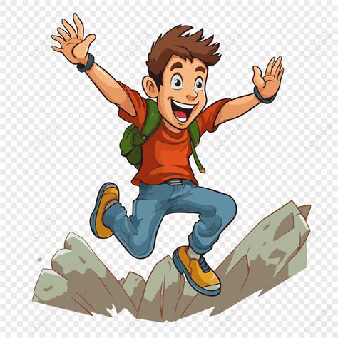 흥미로운 클립 아트 배낭 만화 일러스트와 함께 하이킹 산에서 점프하는 행복한 아이 벡터신나는 Png 일러스트 무료 다운로드 Lovepik