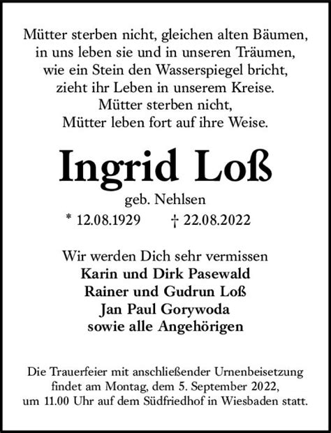 Traueranzeigen von Ingrid Loß vrm trauer de