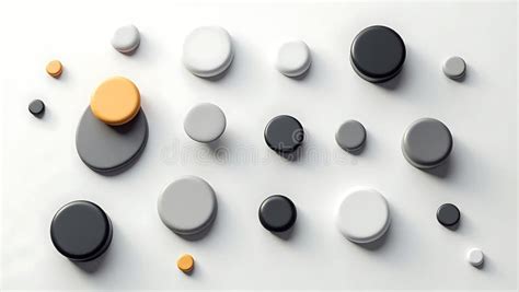 A Minimalist Arrangement Of Gray Black White And Yellow Circular Objects On A White Background