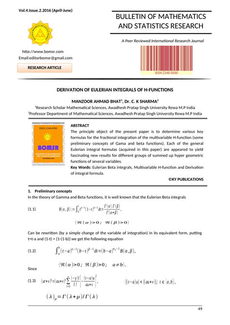 Pdf Derivation Of Eulerian Integrals Of H Functions