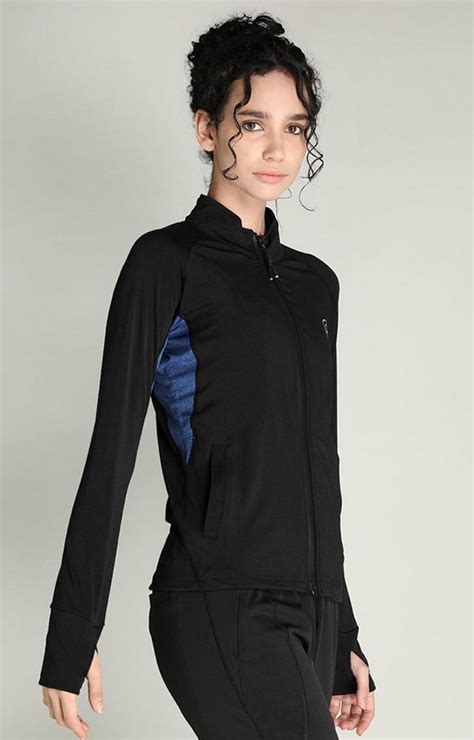 Womens Black Solid Polyester Activewear Jackets