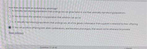 Solved How Does Sex Provide An Evolutionary Advantage O A