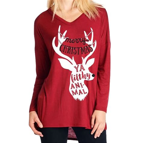 2018 Fashion Red Christmas Women Cotton Blouses V Neck Long Sleeve