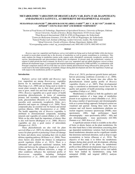 Pdf Metabolomic Variation Of Brassica Rapa Var Rapa Var Raapstelen
