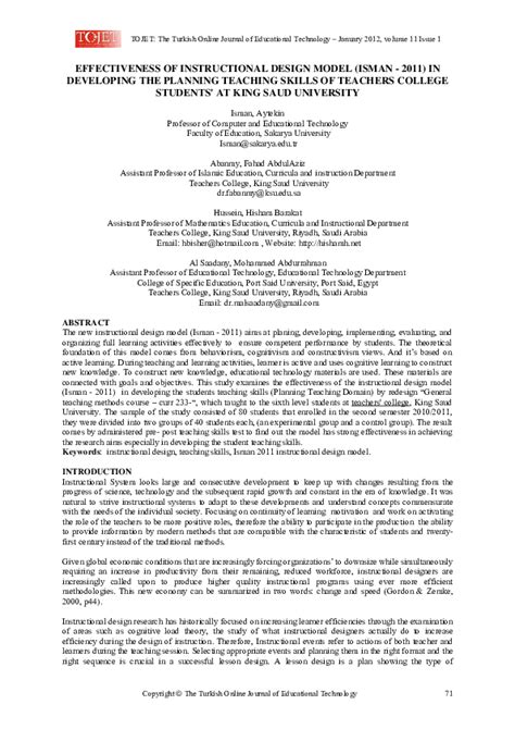 Pdf Effectiveness Of Instructional Design Model Isman 2011 In