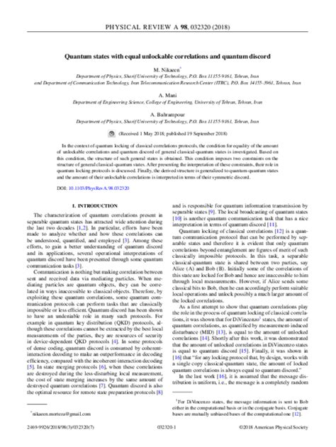 Pdf Quantum States With Equal Unlockable Correlations And Quantum Discord Azam Mani