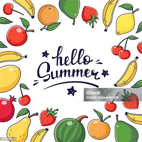 여름 과일 수확 광장 프레임 안녕하세요 여름 손으로 그린 글자입니다 여름 시간 엽서 템플릿 복사 공간 벡터 0명에 대한 스톡 벡터 아트 및 기타 이미지 Istock