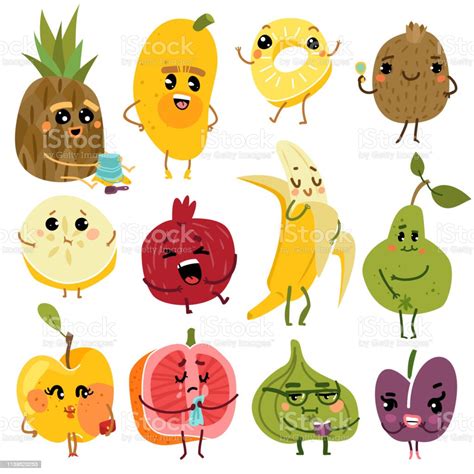 귀여운 과일 과일 재미 있는 캐릭터 파인애플 키 위 바나나 배 사과 신선한 자연 건강 한 다이어트 음식 벡터 만화 세트 과일에 대한 스톡 벡터 아트 및 기타 이미지 Istock