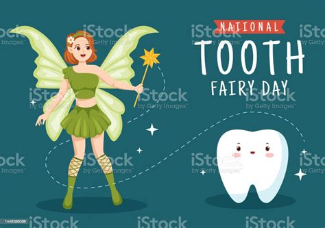 어린 소녀와 함께하는 전국 치아 요정의 날은 평평한 만화 손으로 그린 템플릿 그림의 포스터로 맞는 치과 치료를 위해 아이들을 돕습니다 0명에 대한 스톡 벡터 아트 및 기타