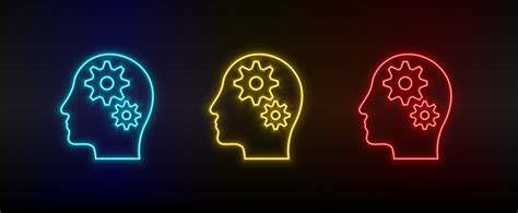Neon Icon Set Brainstorming Gear Set Of Red Blue Yellow Neon Vector
