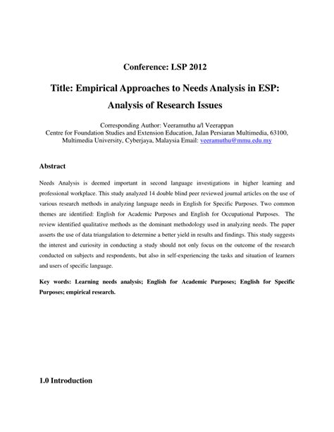 Pdf Empirical Approaches To Needs Analysis In Esp Analysis Of