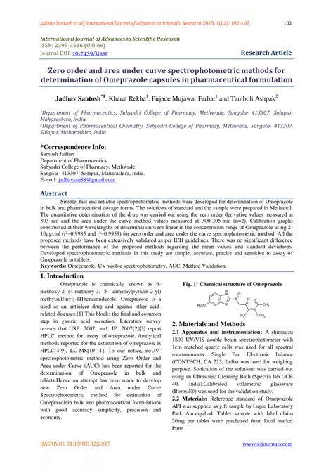 Pdf Zero Order And Area Under Curve Spectrophotometric Methods For Determination Of Omeprazole