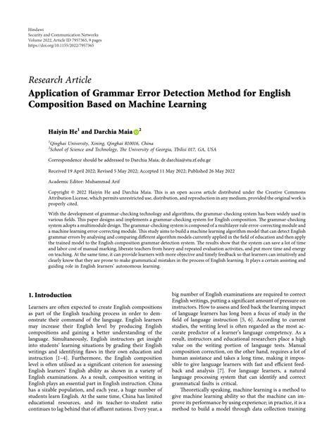 Pdf Application Of Grammar Error Detection Method For English Composition Based On Machine