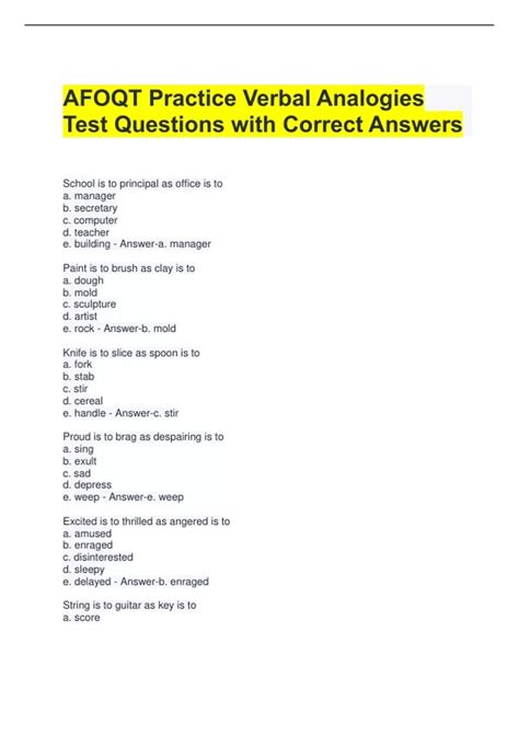 Afoqt Practice Verbal Analogies Test Questions With Correct Answers