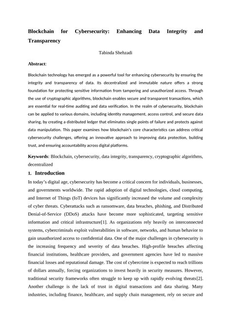 Pdf Blockchain For Cybersecurity Enhancing Data Integrity And Transparency