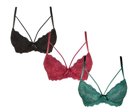 Womens Sexy Full Lace Push Up Bra Underwire Padded Strappy Pack Of 3