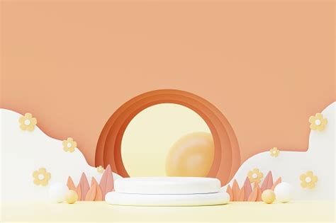 추상 자연의 파스텔 꽃 잎 나무 식물과 연단 스탠드 플랫폼 귀여운 만화 자연 풍경 배경 최소한의 디자인으로 봄 다채로운 식물의