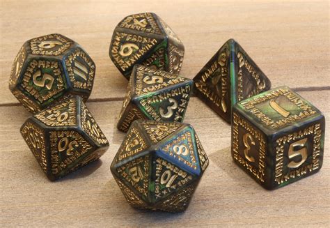 Runic Dice Bottle Green And Gold Rpg Role Playing Game Dice Set