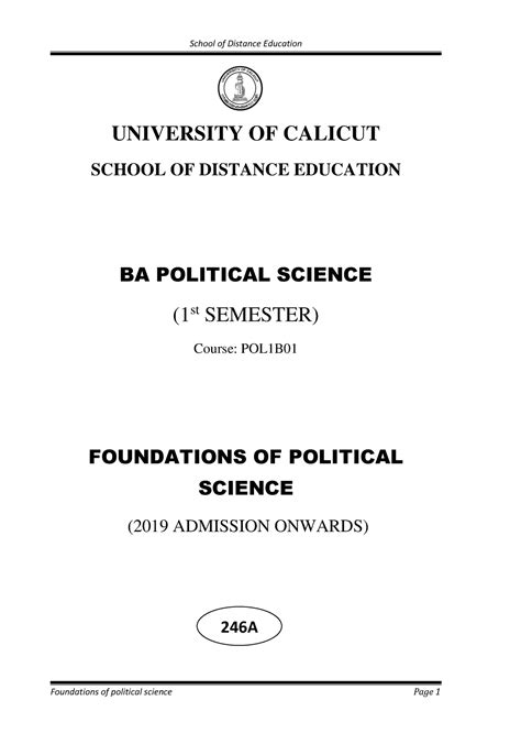 B A Political Science First Semester UNIVERSITY OF CALICUT SCHOOL OF DISTANCE EDUCATION BA