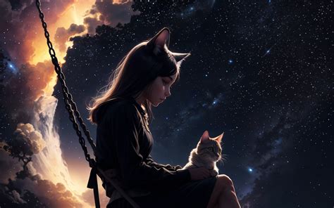 Cute Girl Wallpaper 4k Kitten Dream Surreal Night Sky