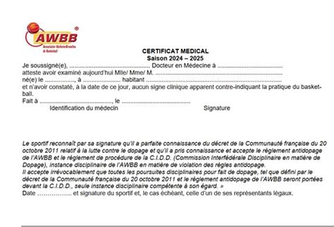 Le Certificat Médical 2024 2025 Est Disponible Comité Provincial Namur
