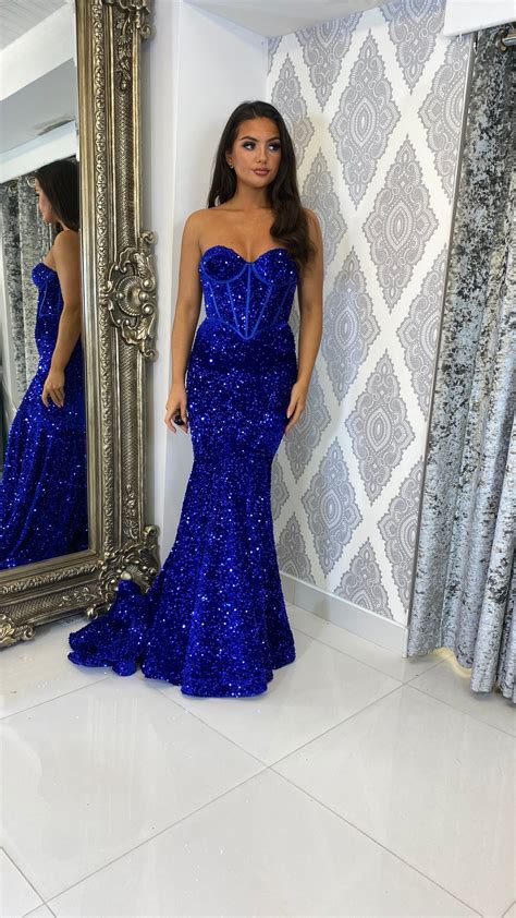 Cobalt Blue Sequin Corset Strapless Evening Gown Rosies Closet