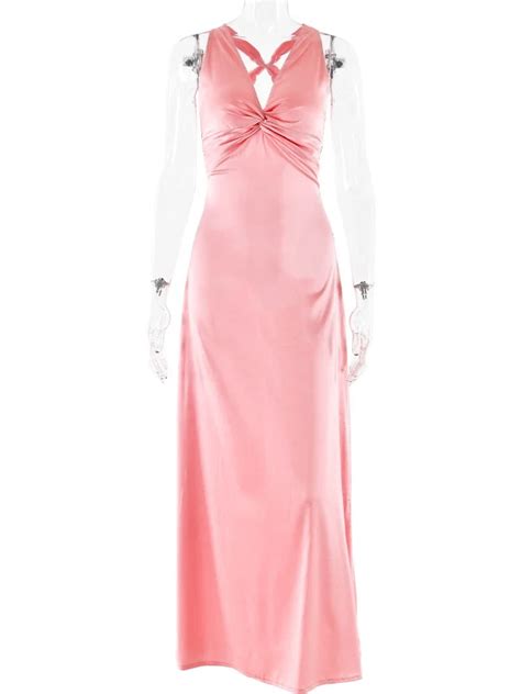 Twisted V Neck Sleeveless Backless Maxi Dress Elegant Satin Wedding Gu