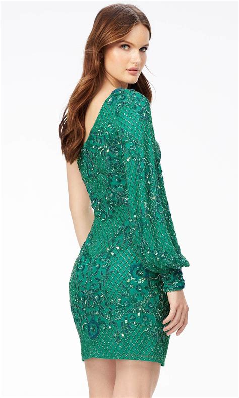 Ashley Lauren 4497 One Shoulder Long Bishop Sleeve Cocktail Dress
