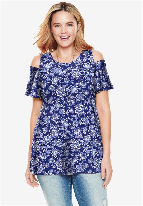 Cold Shoulder Short Sleeve Tee With Side Slits Blue Cloud Sketched