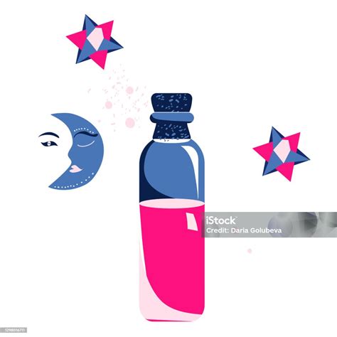 코르크와 유리 바이알에 마법의 비약 또는 사랑 물약 주문과 마술 위칸 및 점성술 밤과 낮 의 기호 3d 별과 기하학적 모양 건강관리와 의술에 대한 스톡 벡터 아트 및 기타