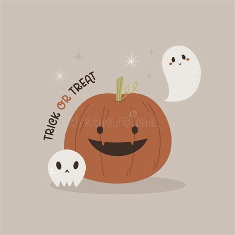 Halloween Illustration With Funny Pumpkin Ghost And Skull Stock Vector