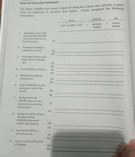 Financial Transaction Worksheet The Assets StudyX
