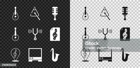 기타 삼각형 마이크 고음 음자리표 음성 도우미 악기 색소폰 밴조 및 소리굽쇠 아이콘을 설정합니다 벡터 검은색에 대한 스톡 벡터 아트 및 기타 이미지 Istock