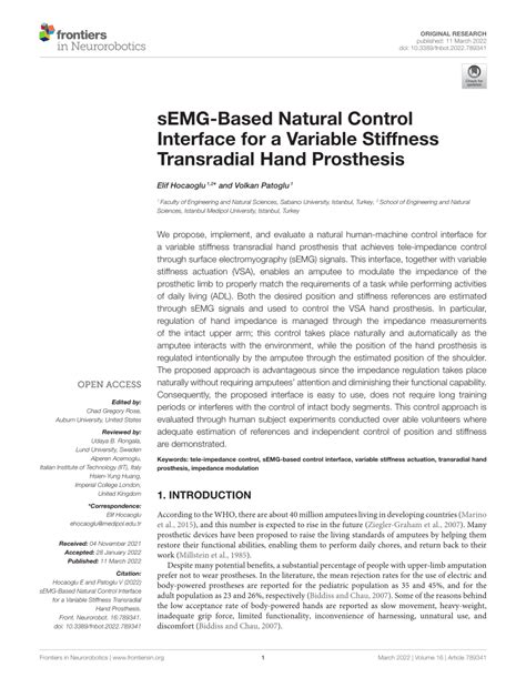 Pdf Semg Based Natural Control Interface For A Variable Stiffness Transradial Hand Prosthesis