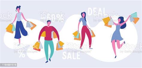 쇼핑 백과 선물을 가진 사람들의 집합입니다 남자와 여자 캐릭터 큰 판매 할인 및 광고 배너 전단지 벡터에서 프로모션 포스터 개념 일러스트 가방에 대한 스톡 벡터 아트 및