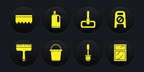 창문용 고무 클리너 젖은 바닥 및 청소 진행 양동이 변기 브러시 걸레 섬유 유연제 청소 서비스 및 거품 아이콘이 있는 스폰지를 설정합니다 벡터 가사 집안일에 대한 스톡 벡터