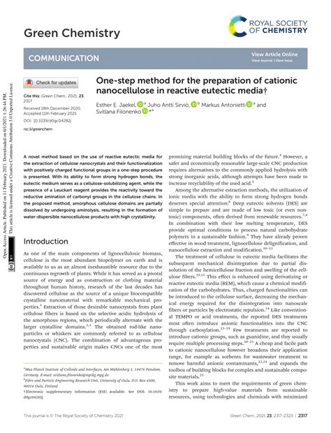 Pdf One Step Method For The Preparation Of Cationic Nanocellulose In