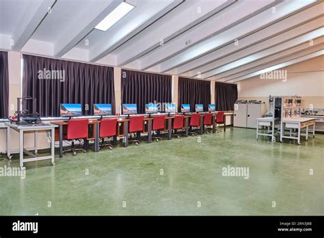 Empty Computer Lab In A University Computer Lab Room Room With A Lot Of Computers Desks