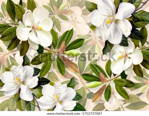 Abstract White Magnolia Flowers Print Interior Stock Illustration