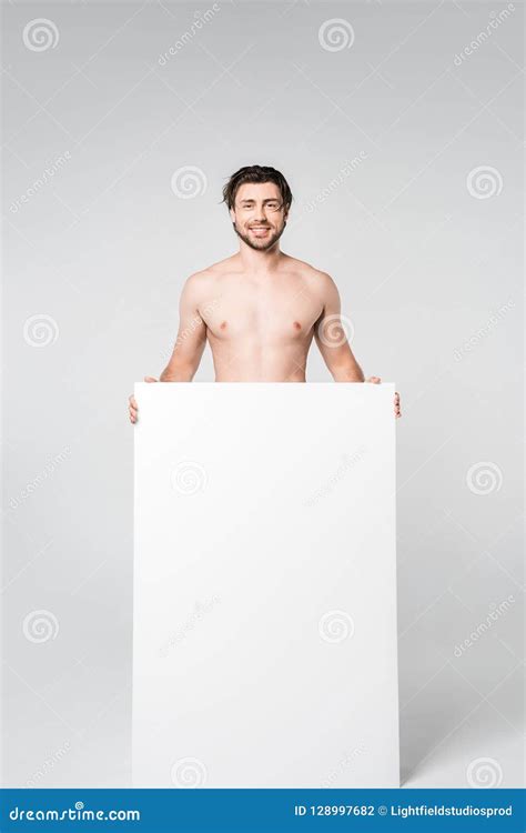 Smiling Shirtless Man With Blank Banner Stock Photo Image Of Modeling