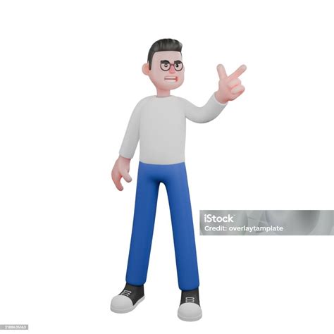 전문 비디오 편집 3d 만화 모델 남성 영상 편집자는 왼손은 위를 향하고 오른손은 옆구리에 두고 진지한 표정으로 서 있다 일러스트레이션 디자인 3차원 형태에 대한 스톡 사진