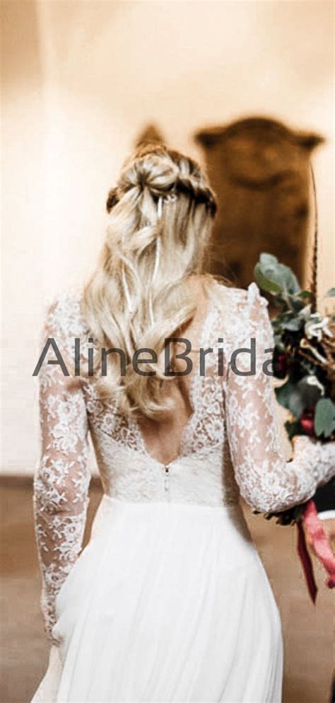 Illusion Lace Long Sleeve V Neck Chiffon A Line Beach Wedding Dresses