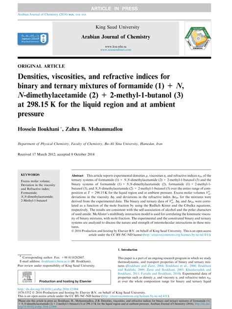 Pdf Densities Viscosities And Refractive Indices For Binary And Ternary Mixtures Of